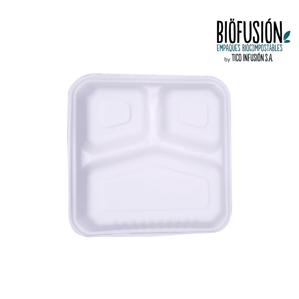 Bandeja 8x8" Con División Blanco (Bagazo de Caña) 200unid. | BioFusiónCR